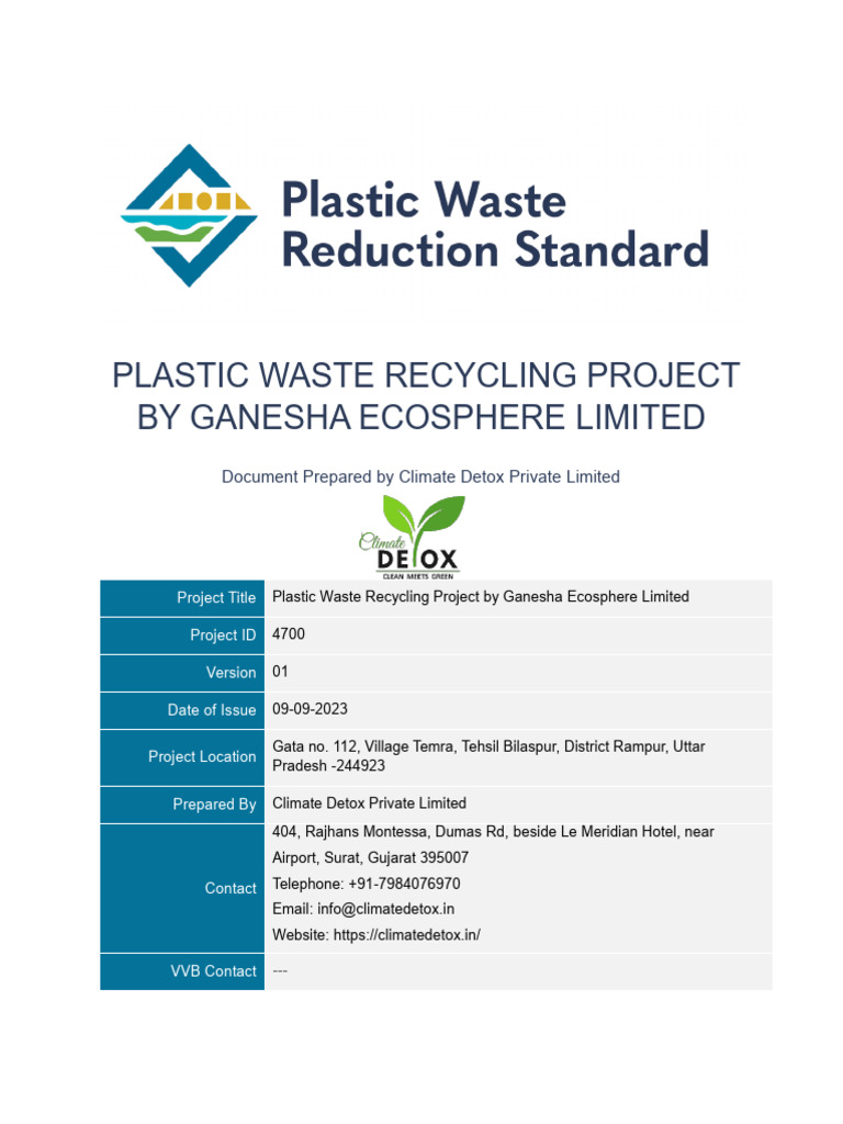 Draft Plastic Project Description-Ganesha Ecosphere Ltd | PDF ...