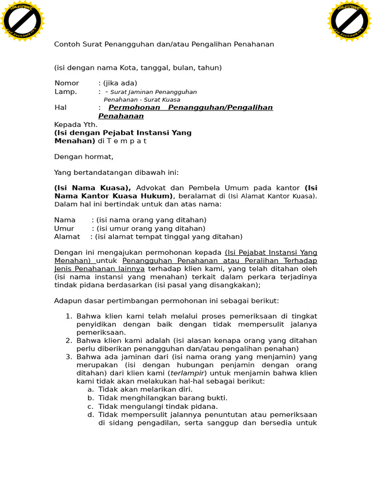 Permohonan Penangguhan Atau Pengalihan Penahanan | PDF