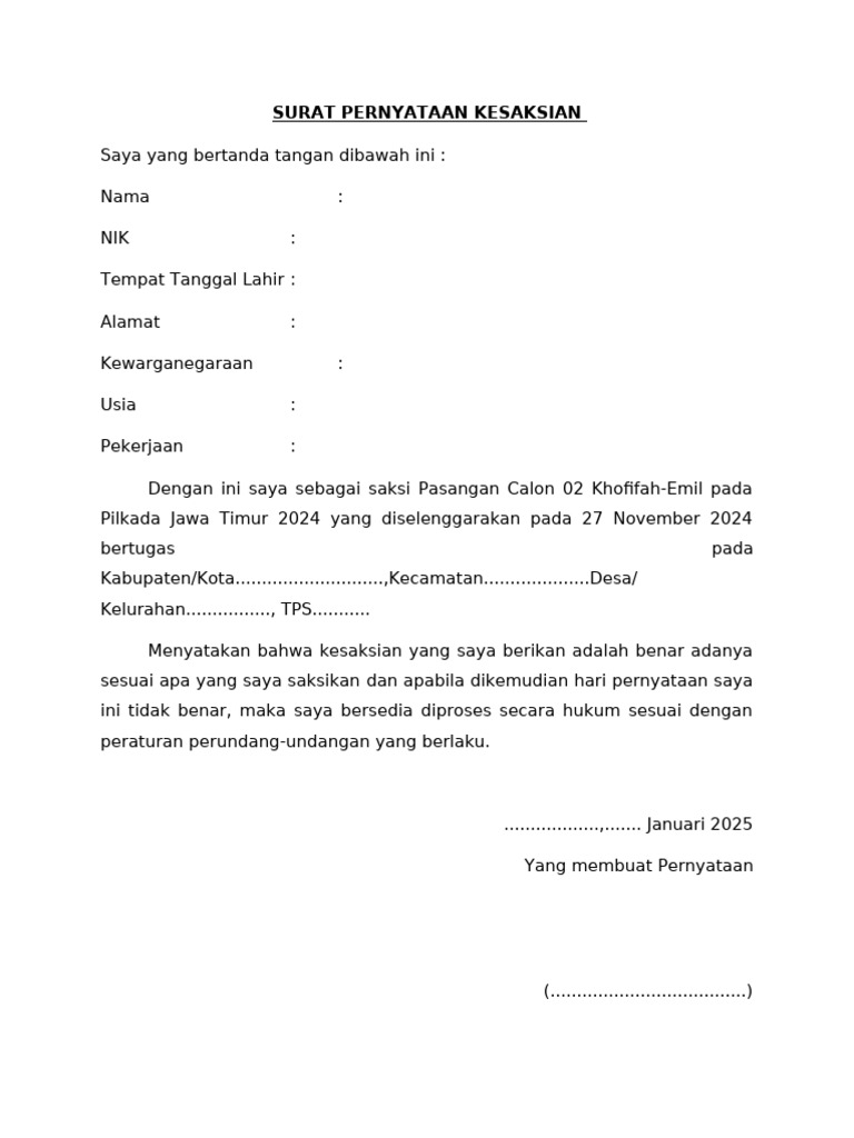 Surat Kesaksian Pilkada Jatim 2024 | PDF