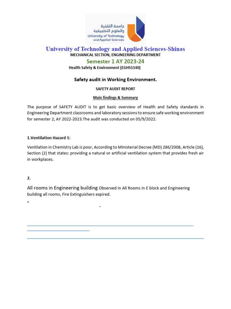 Reference Ans1 Safety Audit in Working Environment (1) 2 | PDF | Laboratories | Hazards