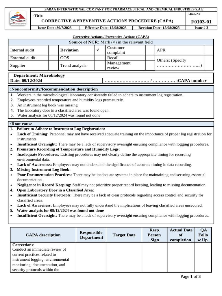 Corrective Actions Preventive Actions (CAPA) | PDF