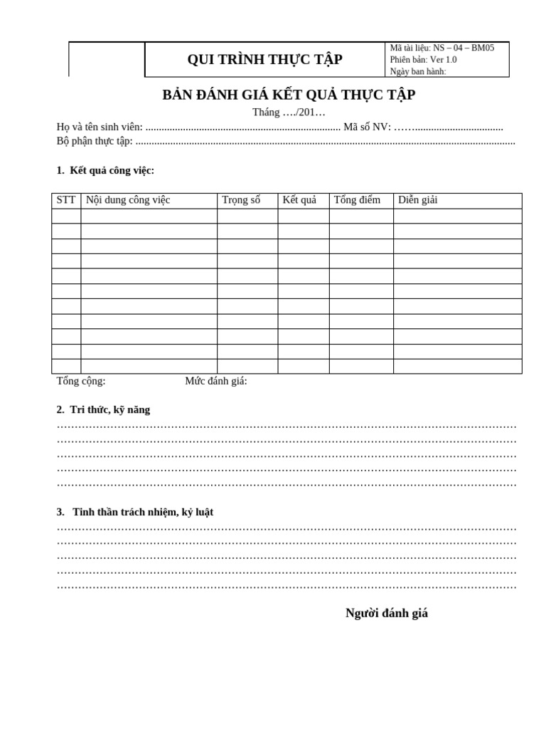 07A - Mẫu Bản đánh giá kết quả thực tập | PDF