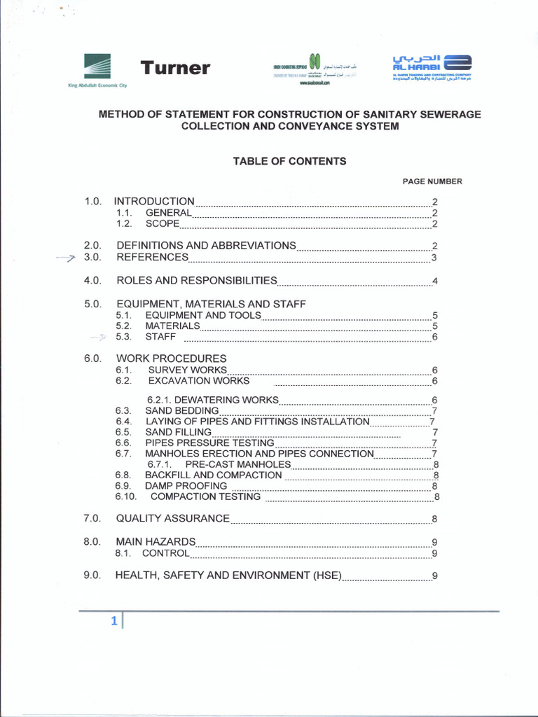 Method of Statement For Construction of Sanitary Sewerage Sytem | PDF