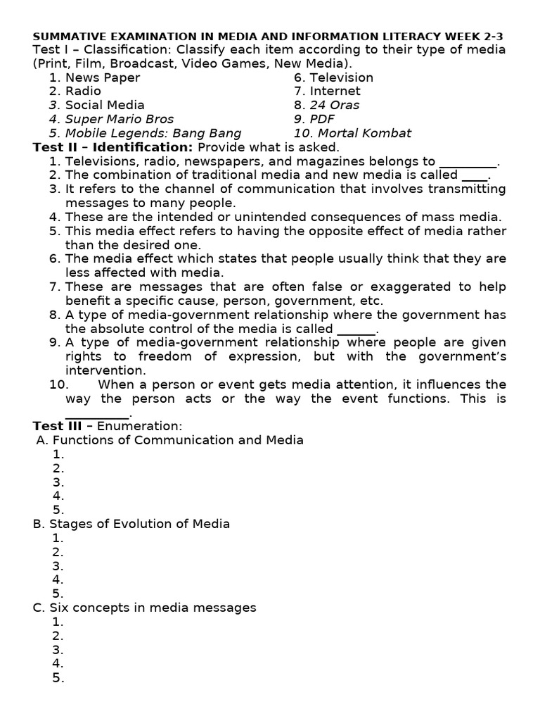 Media Literacy Summative Exam Guide | PDF | Mass Media | Communication