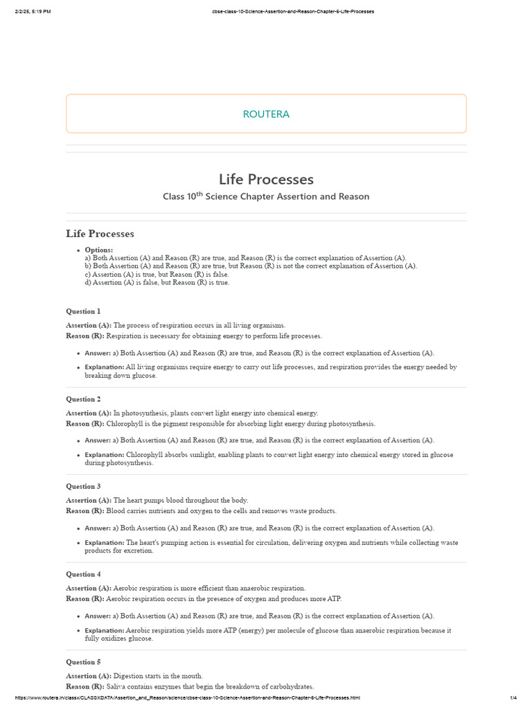 Cbse Class 10 Science Assertion and Reason Chapter 6 Life Processes | PDF | Cellular Respiration ...