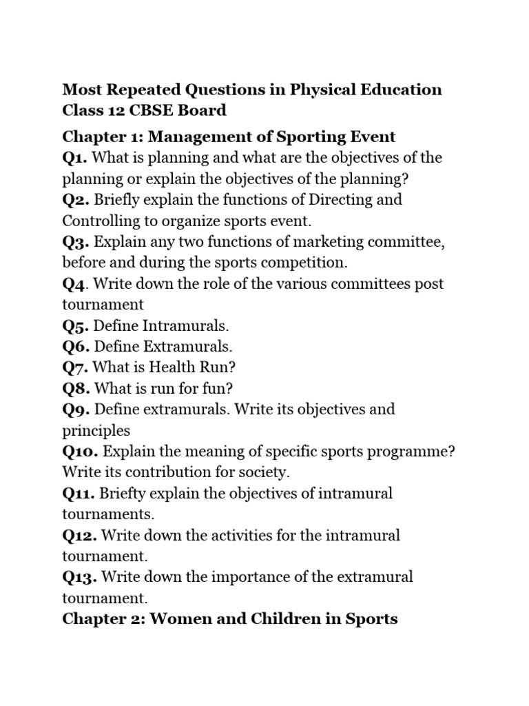 Cbse Class 12 Physical Education Most Important and Repeated Questions ...