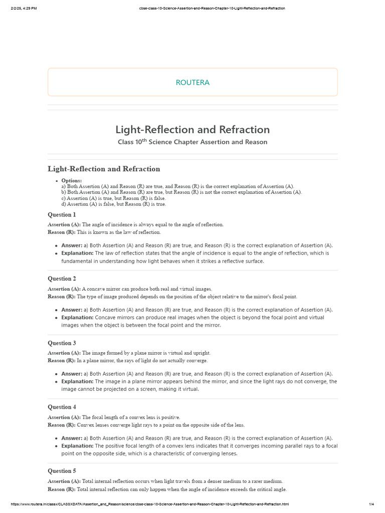 Cbse Class 10 Science Assertion and Reason Chapter 10 Light Reflection ...
