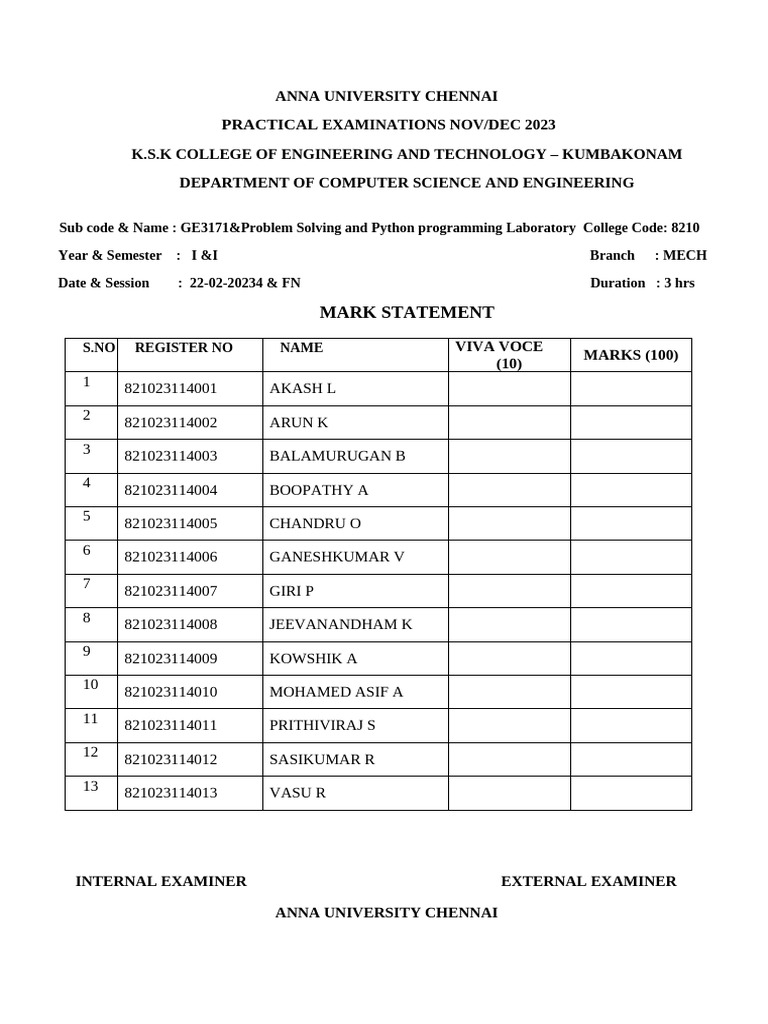 Mark Statement New I Year | PDF | Higher Education | Educational ...