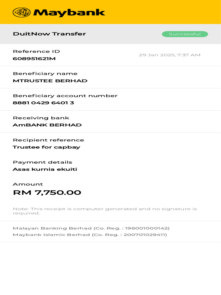 DuitNow Transfer Receipt - RM 7,750 | PDF