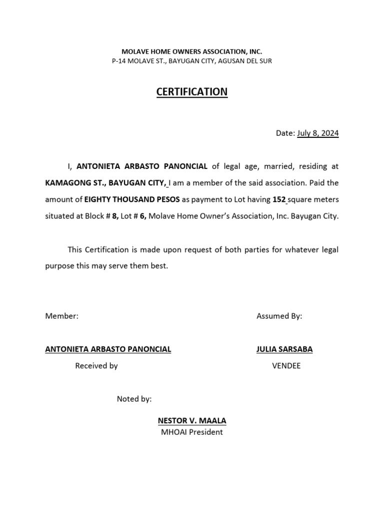 Certification of Payment for Lot Purchase | PDF