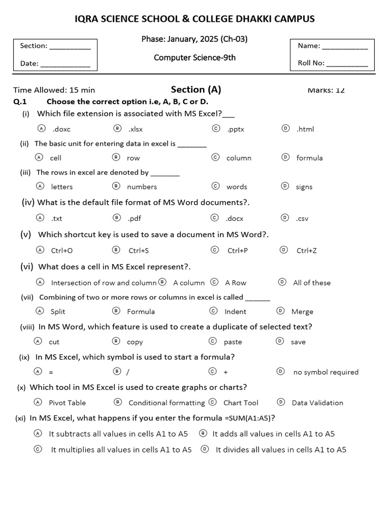 Computer Science Exam Paper 9th Grade | PDF | Microsoft Excel | Spreadsheet