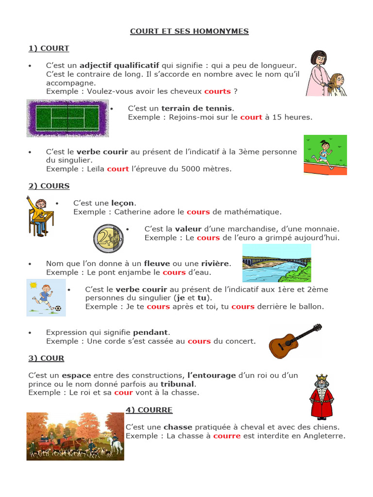 Cours Court Et Ses Homonymes 6eme Primaire 1 (1) | PDF
