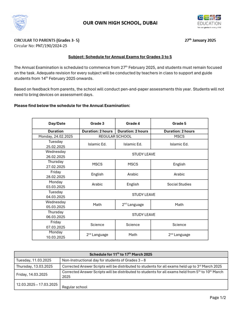 Annual Exam Schedule for Grades 3-5 | PDF