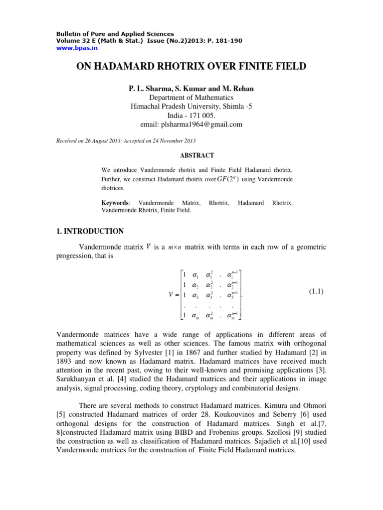 ON_HADAMARD_RHOTRIX_OVER_FINITE_FIELD | PDF | Matrix (Mathematics) | Field (Mathematics)