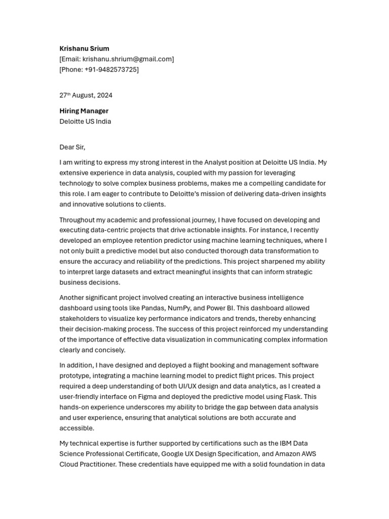 Deloitte Cover Letter | PDF | Data Analysis | Data