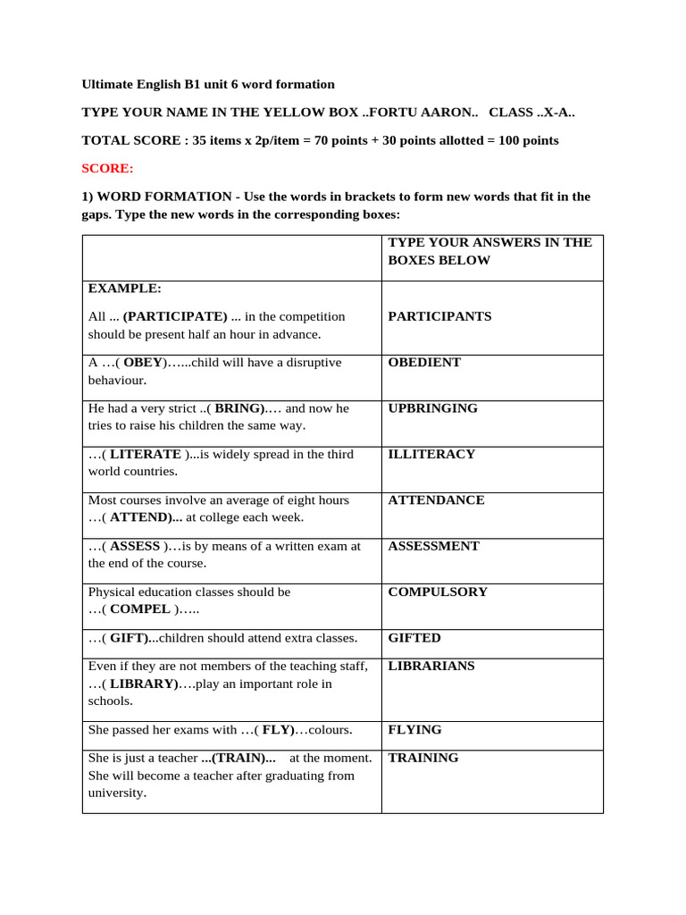 Test Ultimate English B1 Unit 6 Grammar and Vocabulary AARON | PDF ...