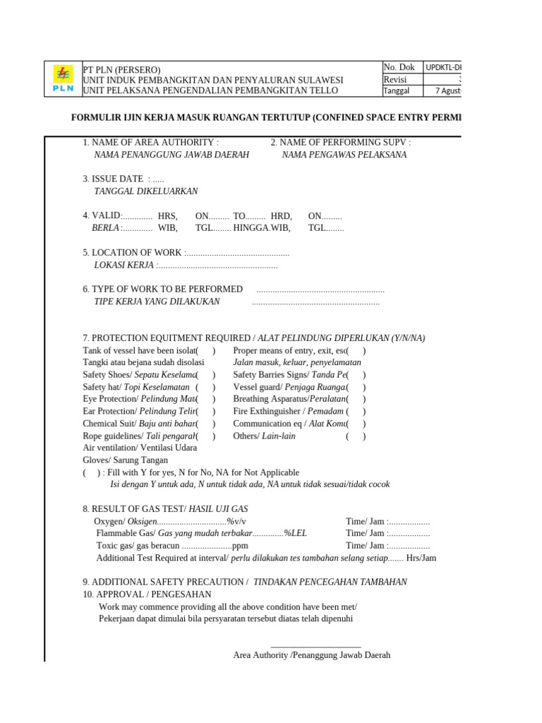 UPDKTL - DP-03.01 - 03 Formulir Ijin Kerja Ruang Tertutup | PDF