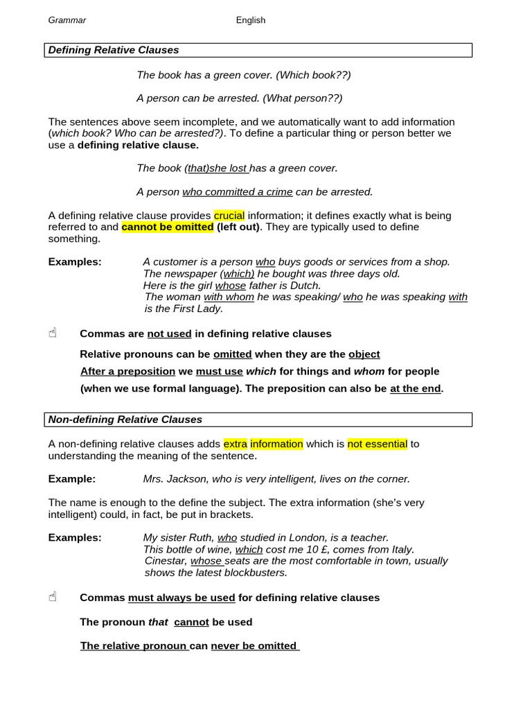 Defining Relative Clauses Vs Non-Defining | PDF | Linguistic Typology ...