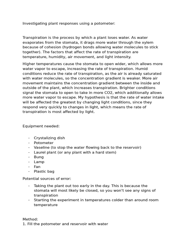 Investigating Plant Responses Using A Potometer | PDF | Water | Stoma
