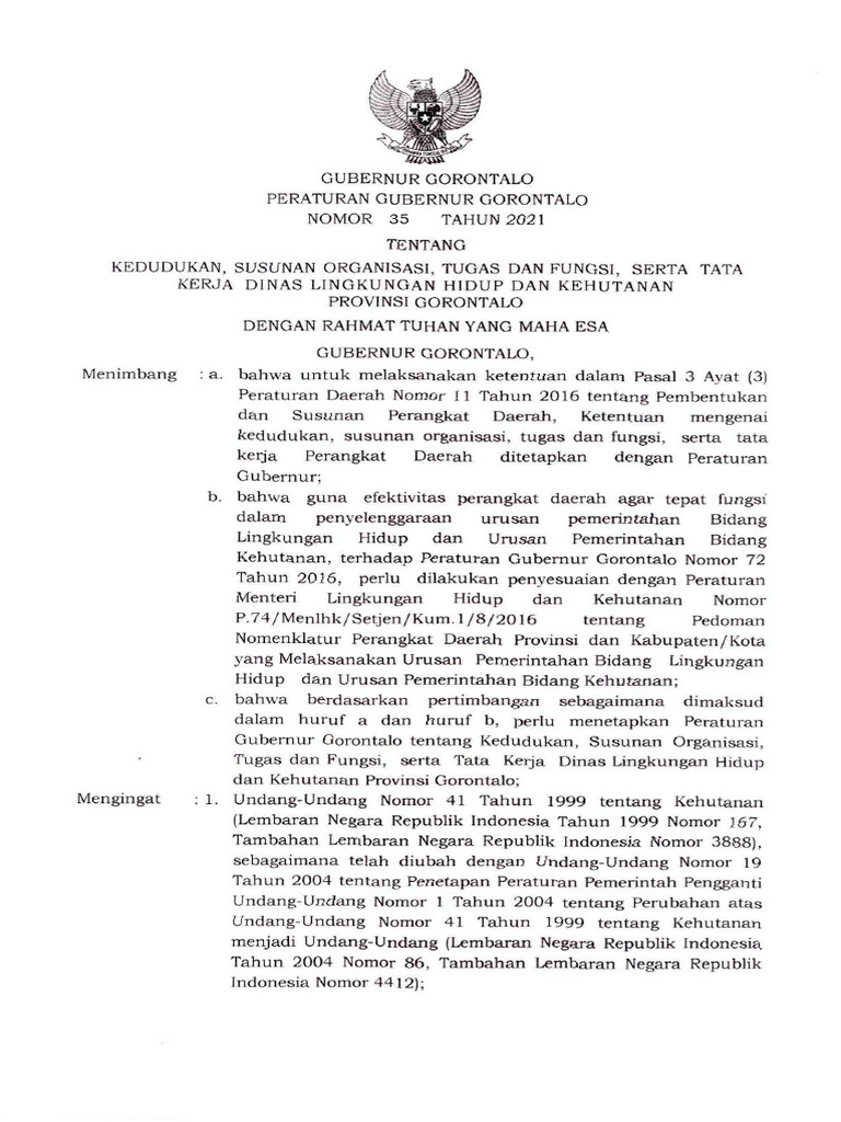 Pergub No.35 Th 2021 Kddukan SOTK Dinas Lngkungan Hidup & Khutanan Prov.gto | PDF