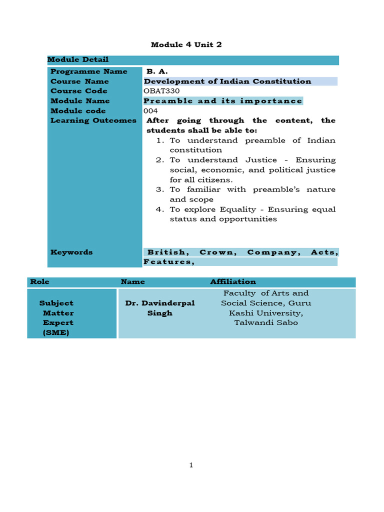Module 4 Unit 2 Preamble of Indian constitution | PDF | Socialism | Democracy
