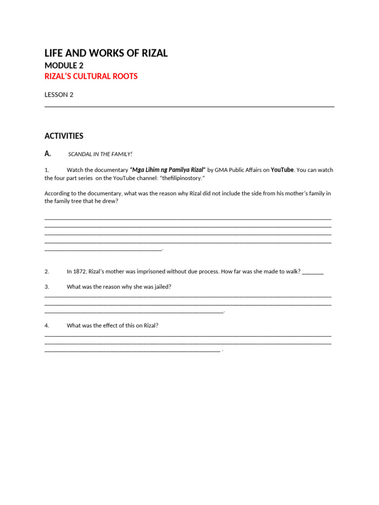 LIFE AND WORKS OF RIZAL Module 2 Lesson 2 Homework | PDF