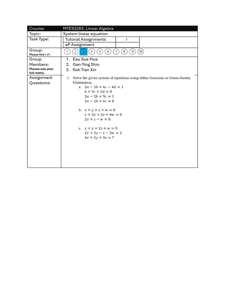 Linear Algebra Tutorial Tasks | PDF