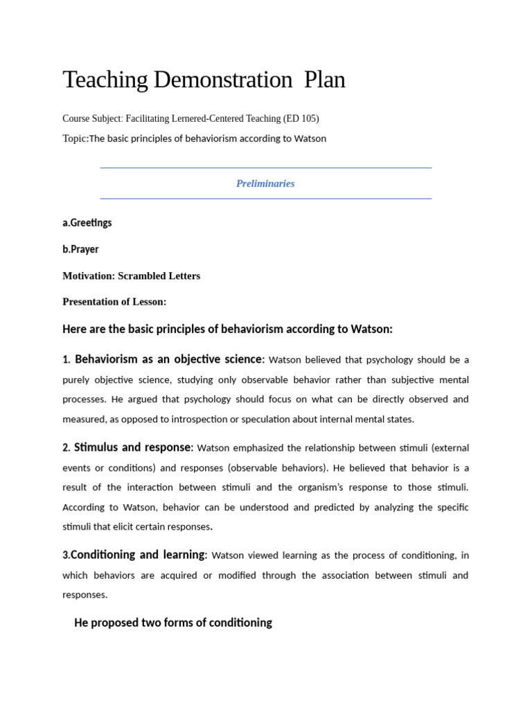 Teaching Demonstration Plan Template | PDF | Classical Conditioning ...