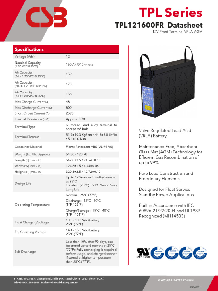TPL121600FR Battery Specs | PDF | Electricity | Energy Storage