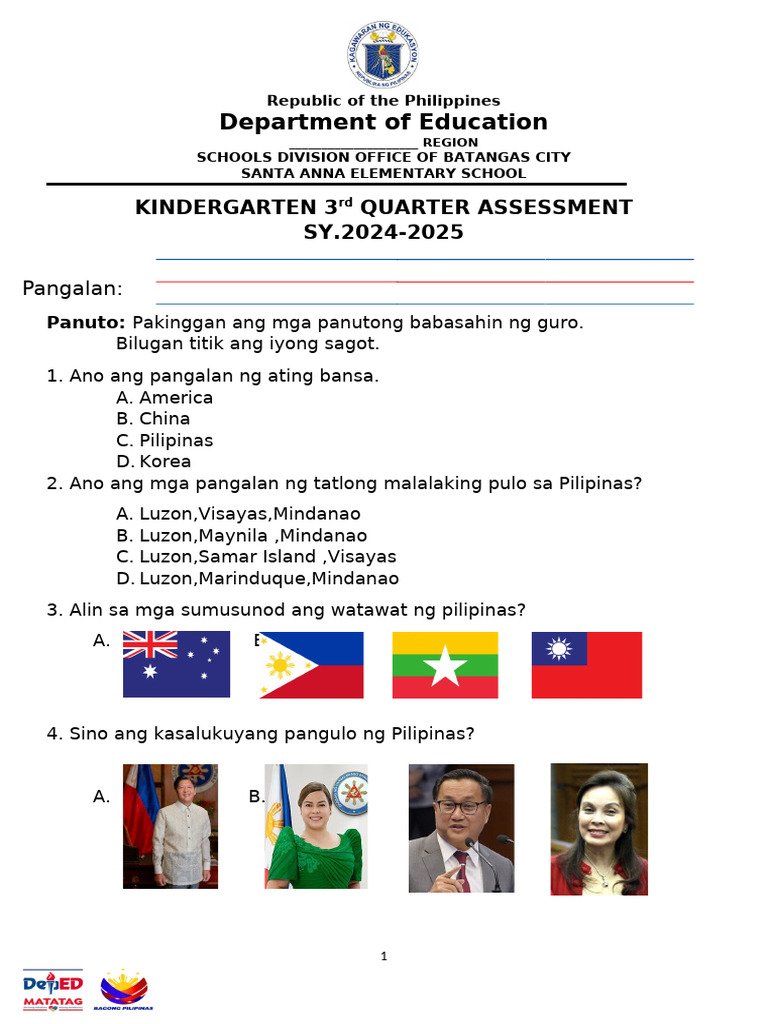 KINDERGARTEN QUARTER 3 ASSESSMENT SY.2024-2025 | PDF