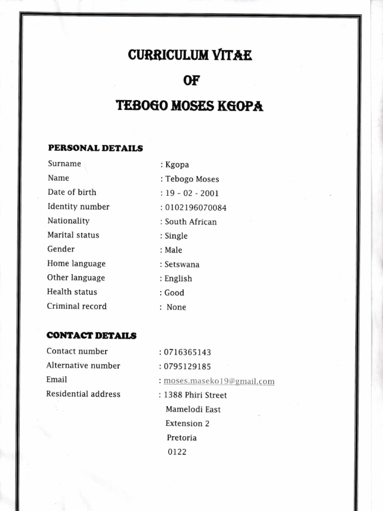 Tebogo Moses Kgopa Personal Profile | PDF