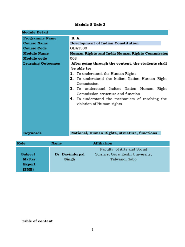 Module 8 Unit 3 Indian Human Rights Commission | PDF | Human Rights | Government And Personhood