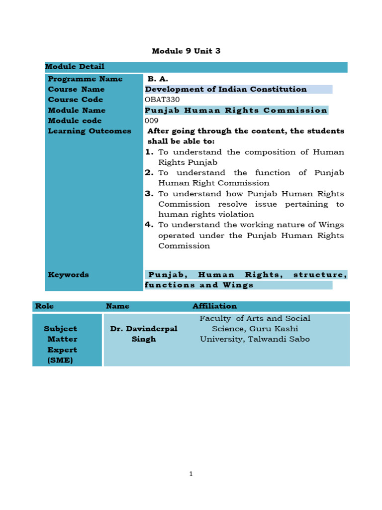 Module 9 Unit 3 Punjab Human Rights Commission | PDF | Inspector | Complaint