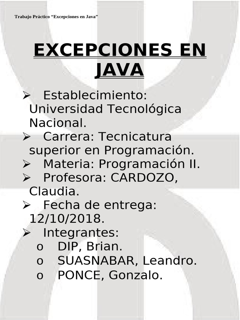5-Trabajo Grupal Excepciones (Correccion) | PDF | Java (lenguaje de programación) | Programa de ...