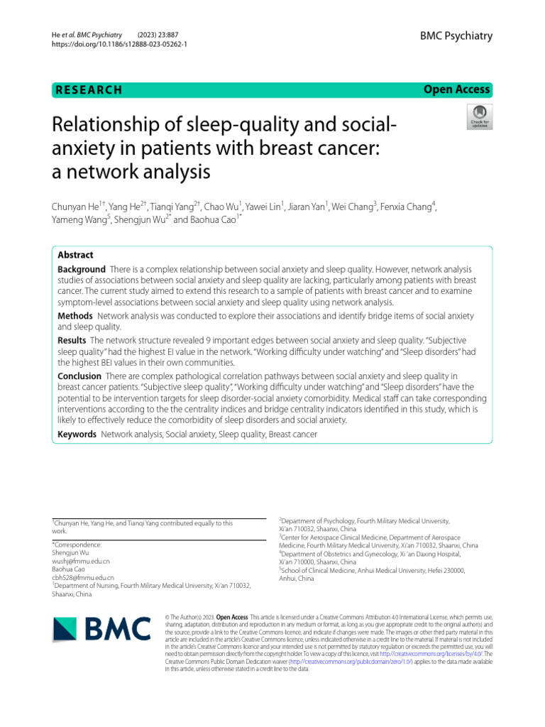 Relationship of Sleep-Quality and Social Anxiety in Patients With Breast Cancer: A Network ...