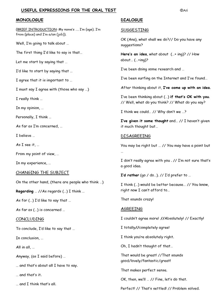 Oral Exam Useful Expressions Guide | PDF