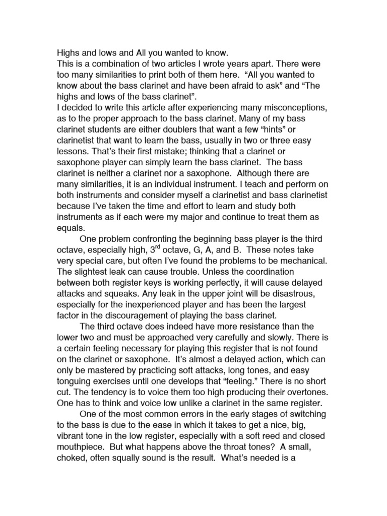 Playing The Bass Clarinet | PDF | Clarinet | Clef