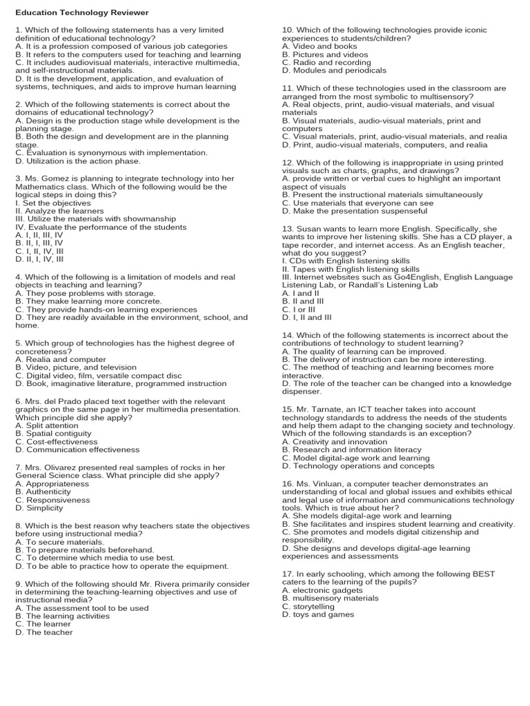 Educational Technology Assessment Quiz | PDF | Educational Technology ...