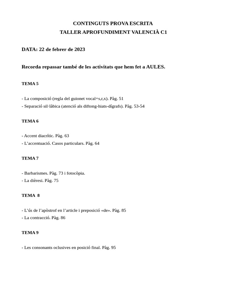 CONTINGUTS PROVA ESCRITA 2A AVALUACIÃ | PDF