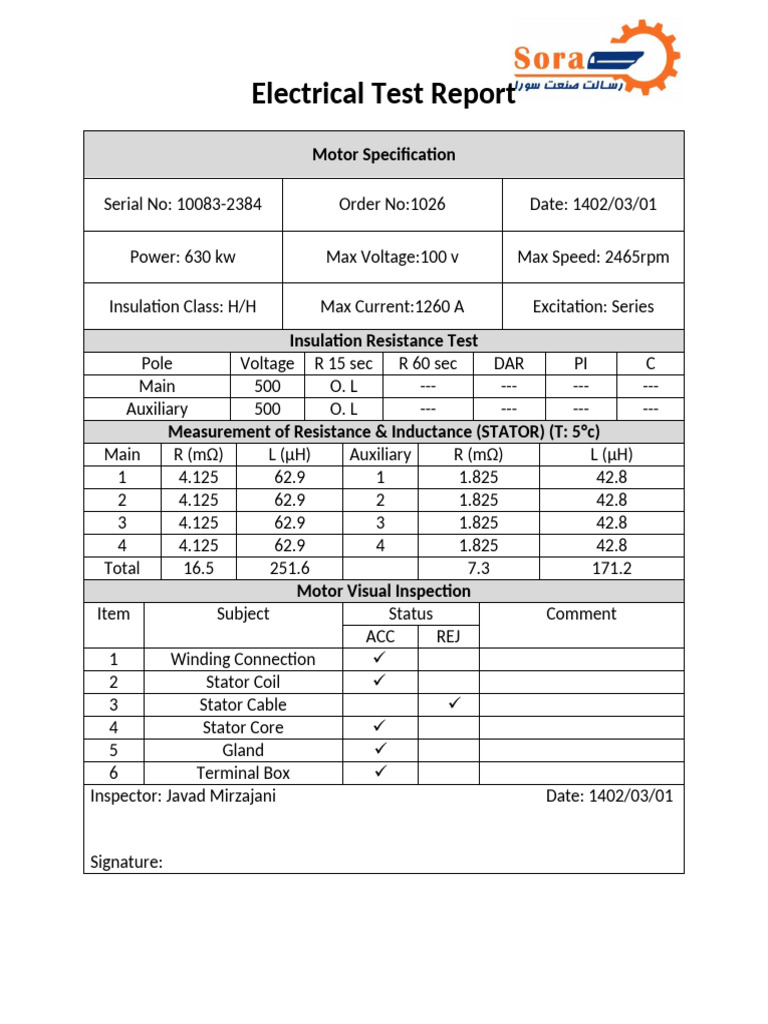 Electrical Test Report for Motor 10083-2384 | PDF