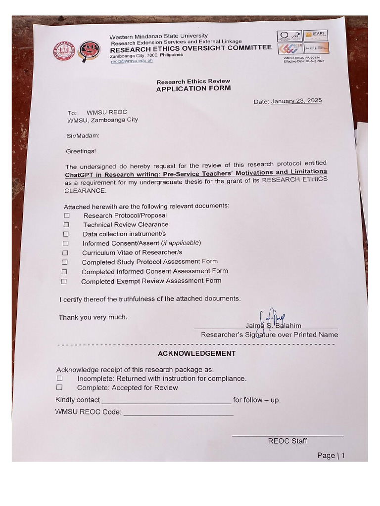 Application Form For Research Ethics Review-WMSU-REOC-FR-001 | PDF