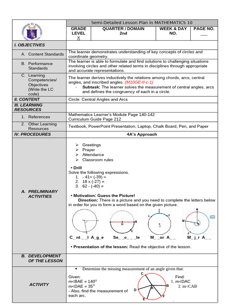 OCT. 18 - CENTRAL ANGLES | PDF | Learning | Angle