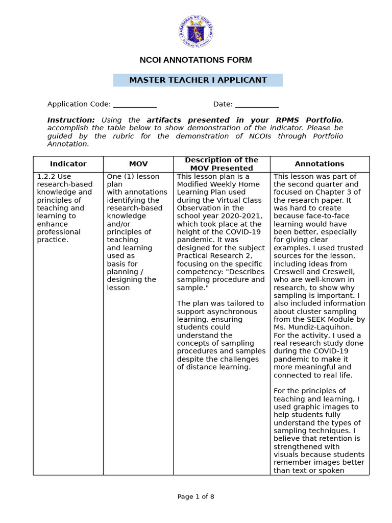 MTI-NCOI Annotations Form (1) | PDF | Learning | Annotation