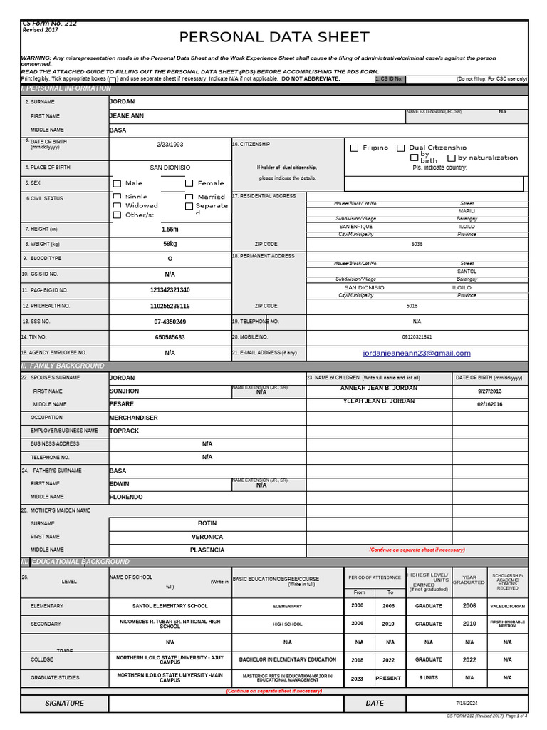 CS Form No. 212 Personal Data Sheet Revised | PDF | Government | Justice