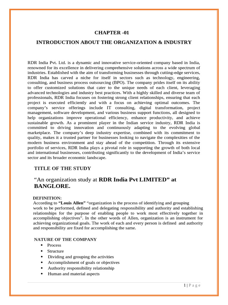 A Report On RDR india pvt limited | PDF | Outsourcing | Project Management