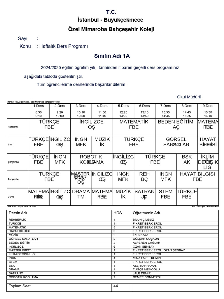 1a Sinifi Ders Prog | PDF