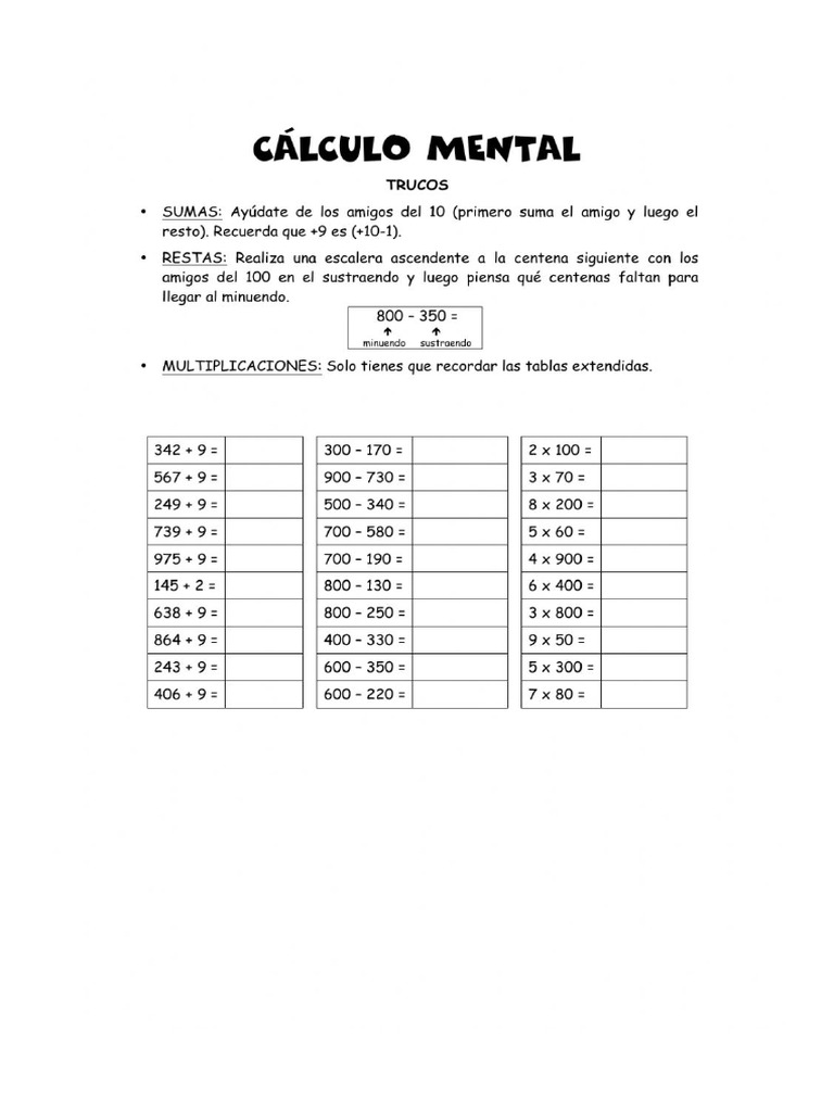 Calculo Mental Suma Restas Multiplicaciones | PDF