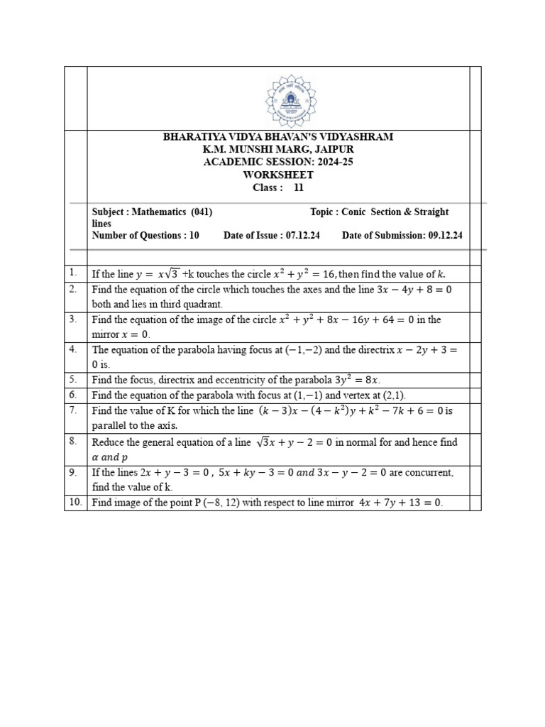 Class 11 Math Worksheet: Conic Sections | PDF