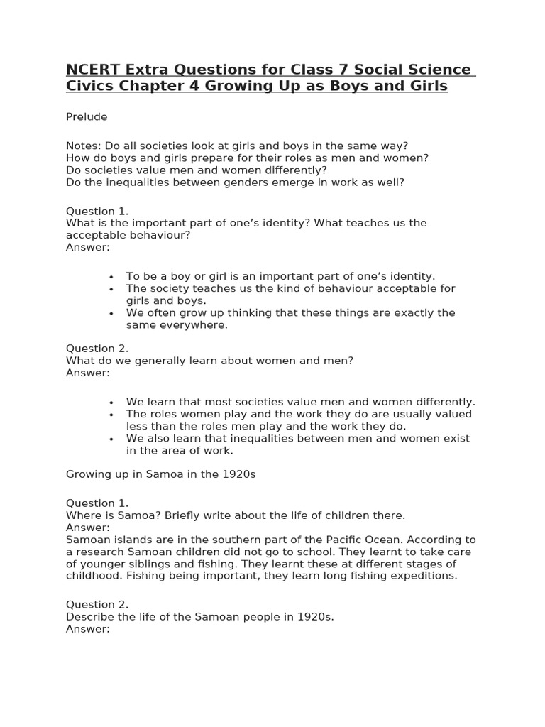 Civics Chapter 4 Growing Up As Boys and Girls | PDF | Child Care ...