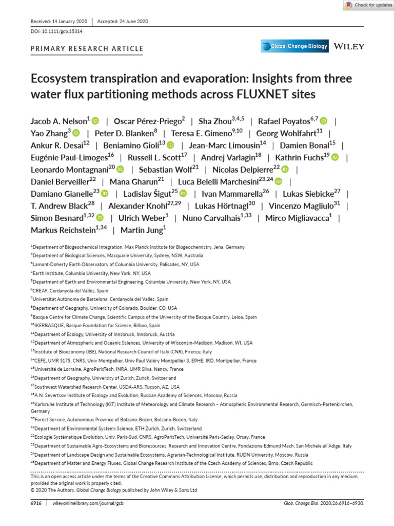 Global Change Biology - 2020 - Nelson - Ecosystem Transpiration and ...
